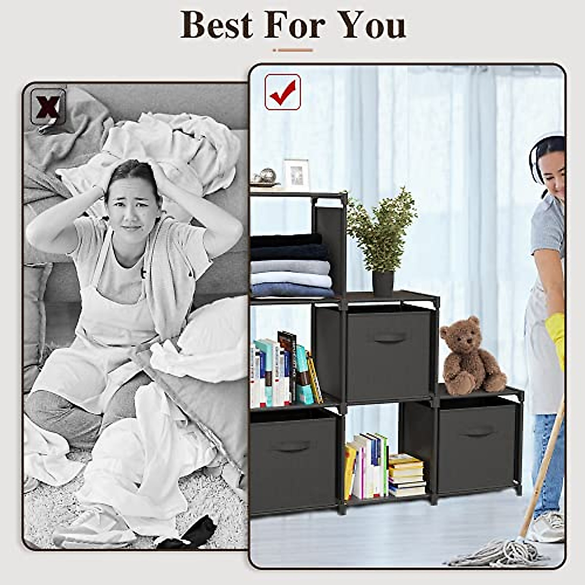 6-Cube Storage Organizer, Closet Organizers and Storage, Cube Storage Shelf with 3 Extra Drawers, Strong Load-Bearing Capacity, Portable Shelves for Bedroom, Living Room, Home, Office Black