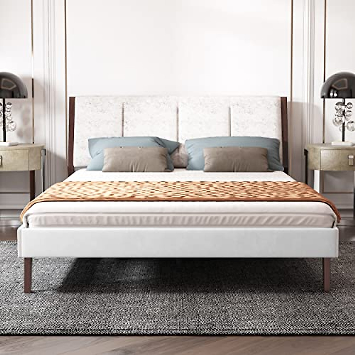 AGARTT Modern Upholstered Platform Queen Size Bed Frame with Unique Headboard Easy Assembly Cream Velvet