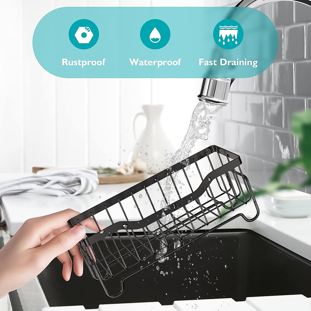 Kitchen Sink Caddy, Sponge Holder for Kitchen Sink, Kitchen Sink Organizer Accessories for Countertop, Stainless Steel Dish Sink Brush Holder with Removable Drip Tray for Dish Soap Brush Scrubber