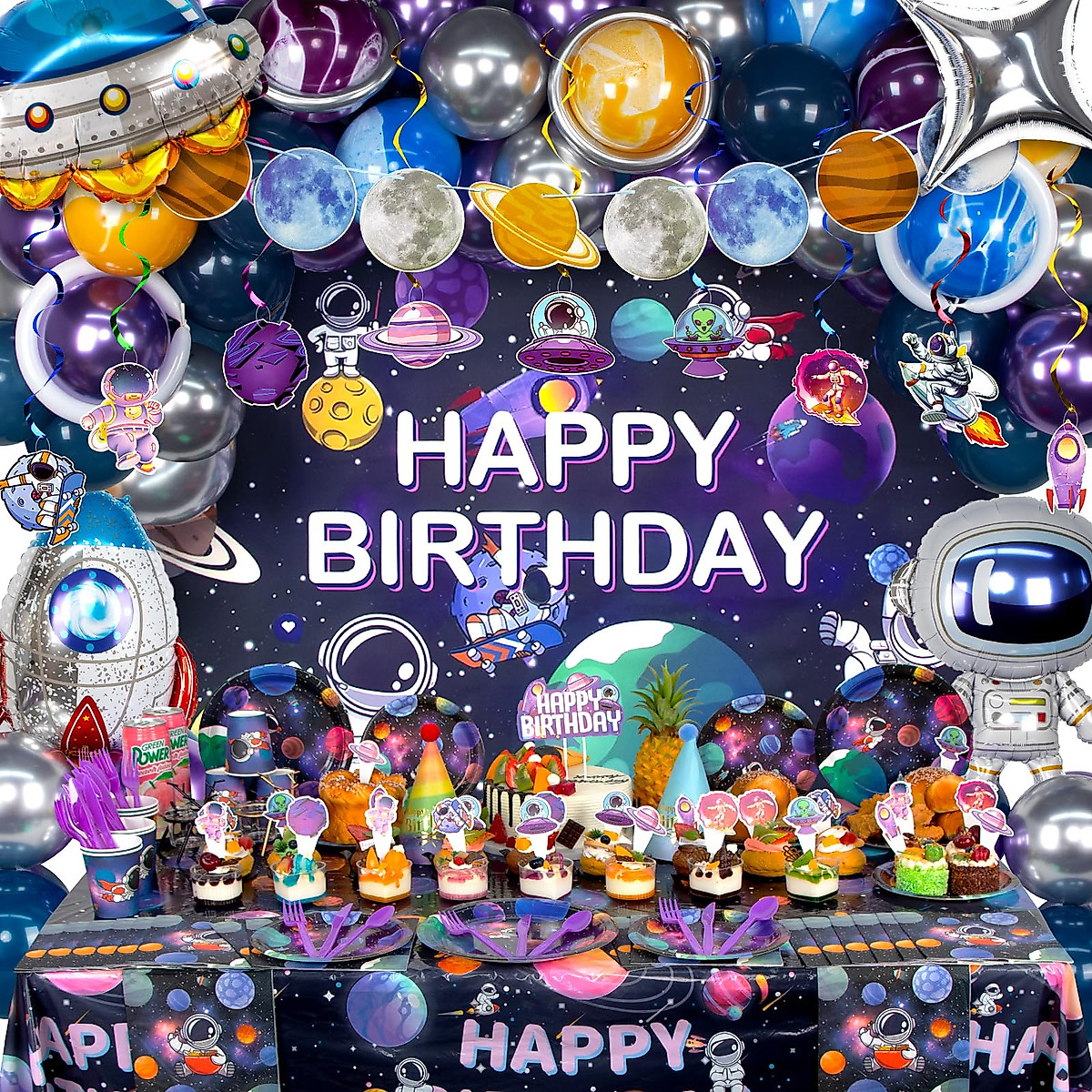 HJINGY Outer Space Party Decorations, Space Themed Party Supplies Include Space Balloons, Backdrop, Galaxy Banner, Hanging Swirls, Tablecloth, Plates, Cups, Cake Toppers for Space Birthday Decorations