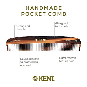 Kent 7T Handmade All Fine Tooth Pocket Comb for Men, Hair Comb Straightener for Everyday Grooming Styling Hair, Mustache and Beard, Use Dry or with Balms, Saw Cut and Hand Polished, Made in England