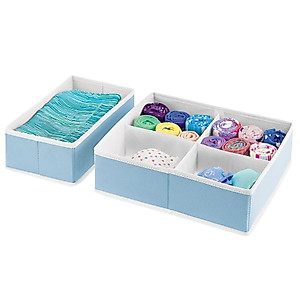 mDesign Soft Fabric Polka Dot Dresser Drawer and Closet Storage Organizer Bin for Child/Kids Room, Nursery, Playroom - Divided 5 Section Tray, Set of 2 - Light Blue/White