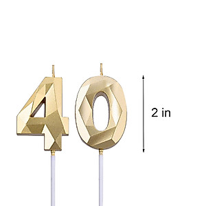 2 inch Gold 40 Birthday Candles, 3D Diamond Number 40 Cake Topper for Men Women Birthday Party Decorations Theme Party