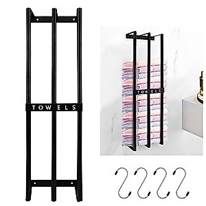 LVOERTUIG Wall Towel Rack for Rolled Towels with 4 Hooks, Towel Holder Towel Racks for Bathroom Wall Mounted, Bathroom Towel Storage, Metal Bath Towel Holder for Washcloths (Black)