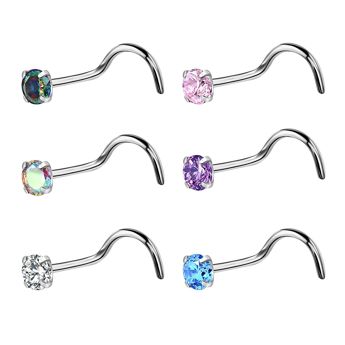 BelezaDosas 6pcs G23 Titanium Nose Studs 18G 20G Screw Nose Ring Press Fit 2mm 2.5mm 3mm Piercing Jewelry for Sensitive Skin (20G 3.0mm Claw CZ 6PCS)