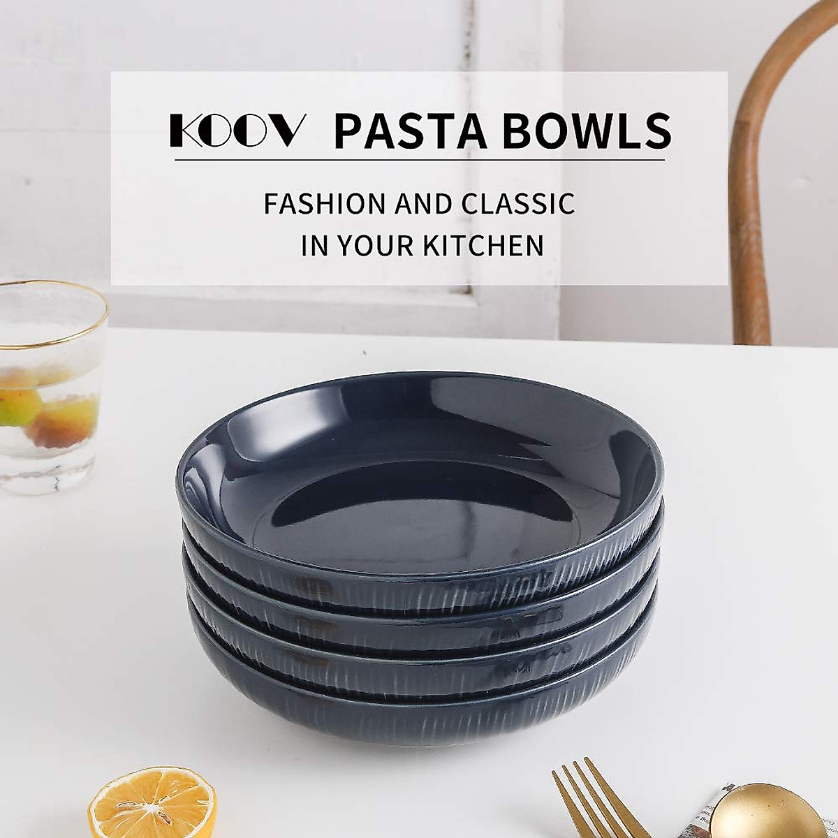 KOOV Ceramic Pasta Bowls Set of 4, 30 OZ Large Salad Bowls Set, Large Bowl For Eating, Pasta Plates, Ceramic Bowls Irregular Striped Series (Aegean)