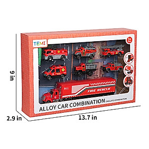 TEMI Diecast Emergency Fire Rescue Vehicle Toy Set w/Play Mat, Truck Carrier,Ambulance, Alloy Metal Fighting Car for 3 4 5 6 Years Old Toddlers Kids Boys and Girls