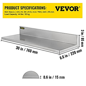 VEVOR Stainless Steel Wall Shelf, 8.6'' x 30'', 44 lbs Load Heavy Duty Commercial Wall Mount Shelving w/Backsplash for Restaurant, Home, Kitchen, Hotel, Laundry Room, Bar (1 Pack)