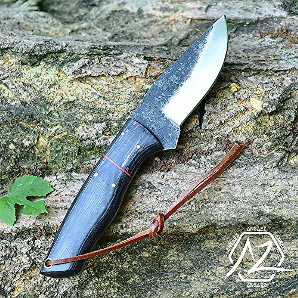 ZEASNA ZE-HK-51 Handmade Carbon Steel hunting knife with Leather Sheath Outdoor Full Tang Fixed blade Bushcraft Knife, survival knife for Hunting Camping Skinning with Wood Handle (Black)