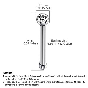 JEWELRIESHOP 40pcs Nose Studs Stainless Steel CZ Nose Rings Stud Piercing Jewelry Bone Studs for Women Men Hypoallergenic 22G (1.5mm, White CZ)