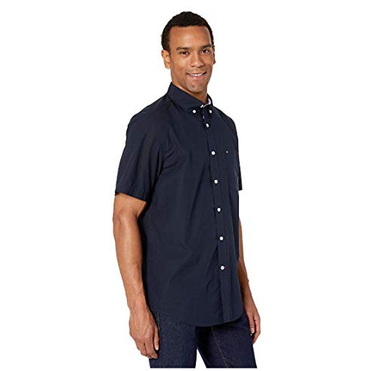 Tommy Hilfiger Men's Short Sleeve Button Down Shirt in Classic Fit, Navy Blazer, X-Large