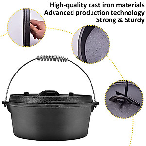 10 Quart Cast Iron Dutch Oven Pre-seasoned Pot with Lid Lifter Handle, Casserole Pot with Lid Lifter for Camping Cooking BBQ Baking