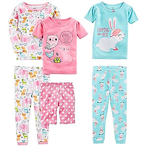 Simple Joys by Carter's Baby Girls' 6-Piece Snug Fit Cotton Pajama Set, Blue Bunny/Pink Dots/White Forest Animals, 18 Months