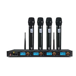 PRORECK MX44 4-Channel UHF Wireless Microphone System with 4 Hand-held Microphones Karaoke Machine for Party/Wedding/Church/Conference/Speech