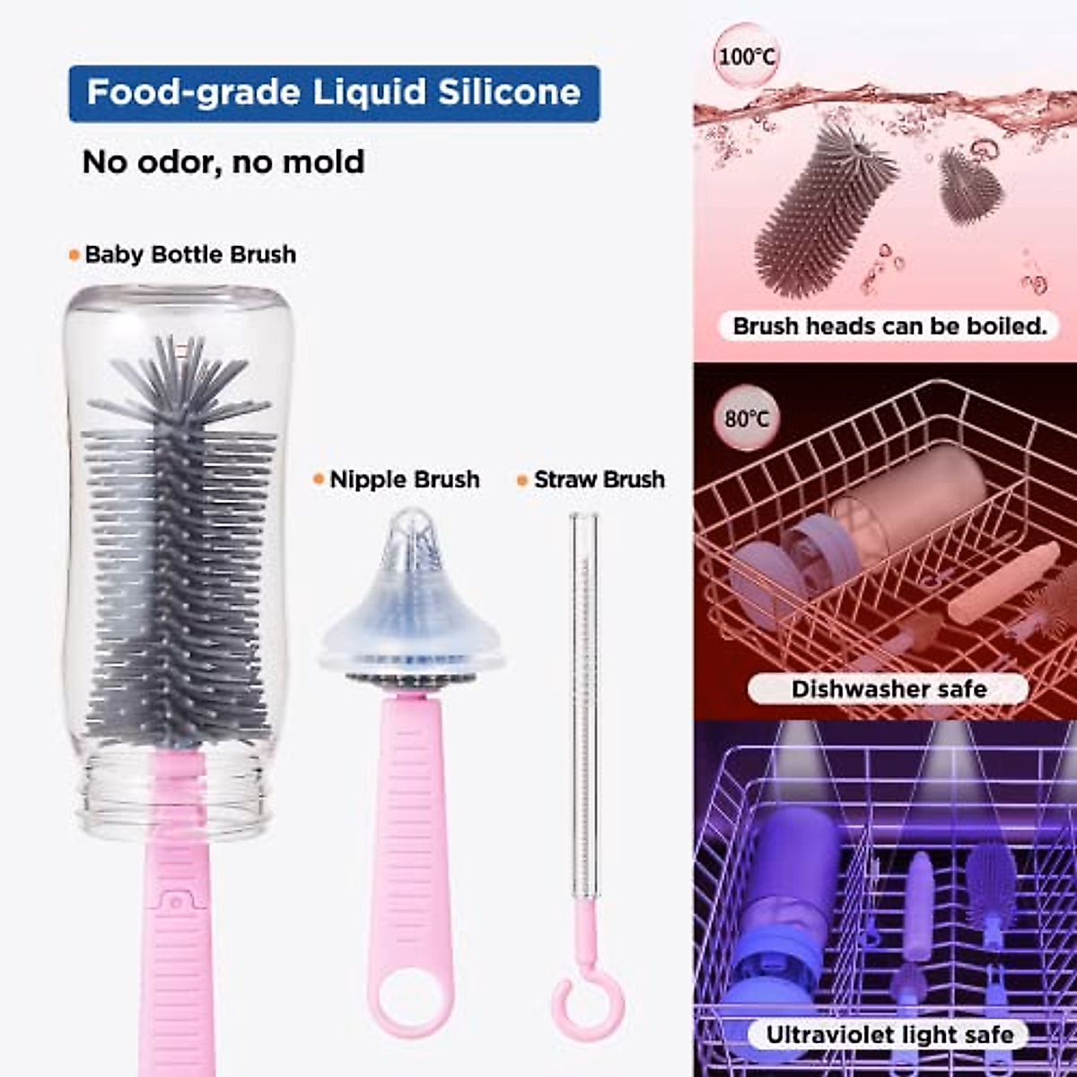 YOTIME Travel Baby Bottle Brush Set, Silicone Bottle Brush with Nipple Cleaner and Stand, Pink