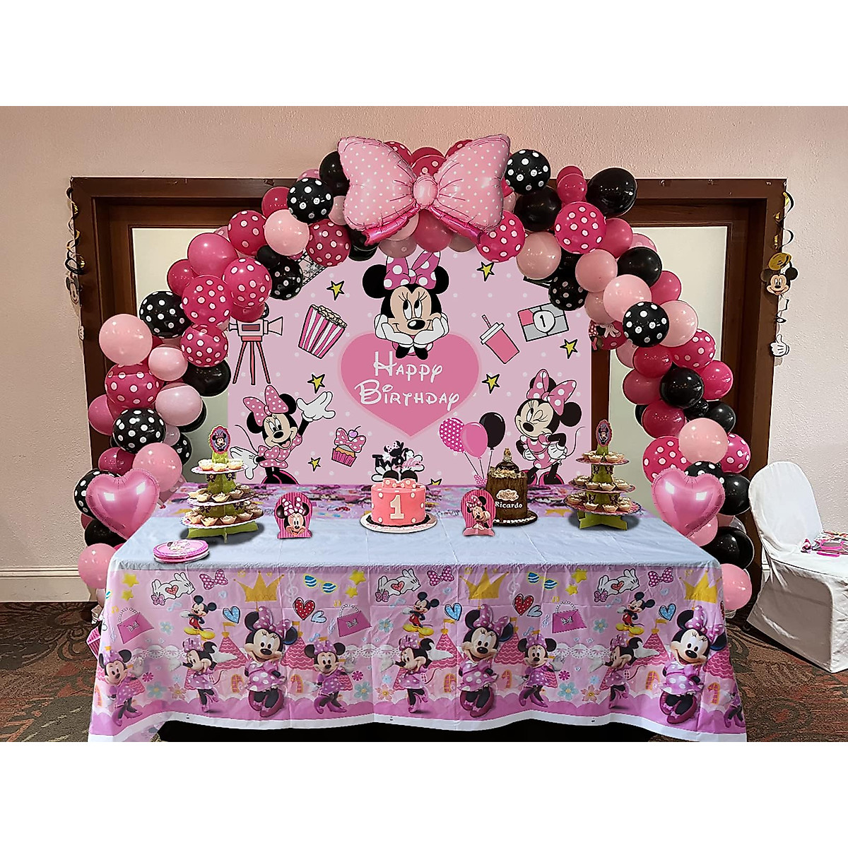 Pink Mouse Birthday Backdrop 6x4ft and Pink Mouse Color Balloon Garland Kit,116 pcs Pink Black Dot Balloon Arch with Pink Bow Balloons for Girls Mouse Theme Birthday Baby Shower Party Supplies