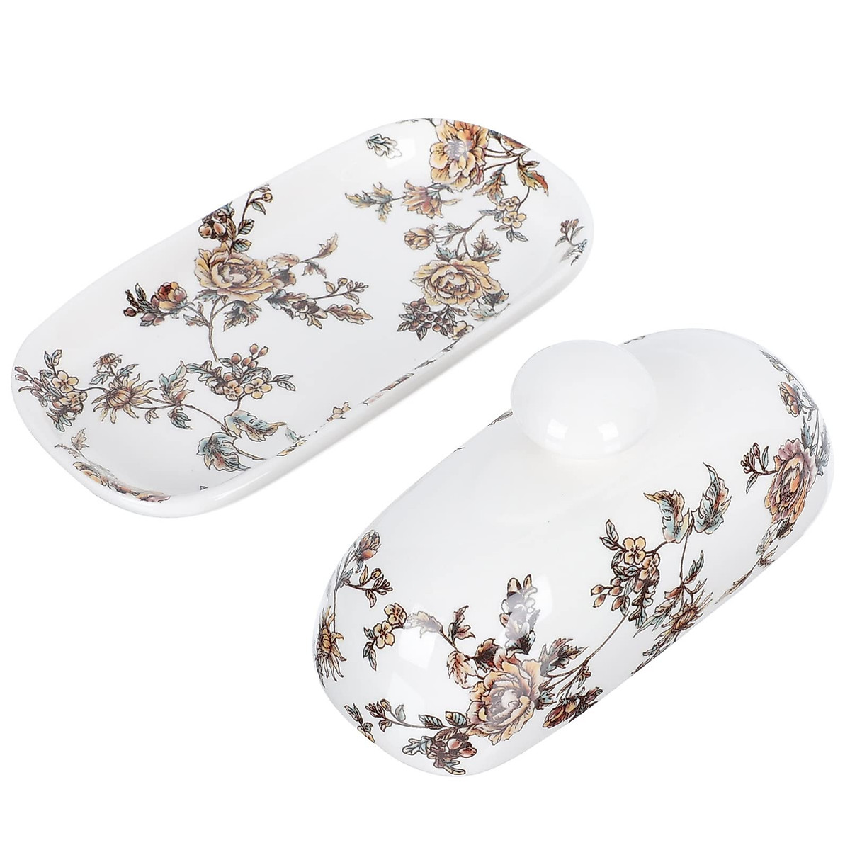 Vaguelly 1 Set Hand Drawn Ceramic Butter Dish with Lid, Vintage Butter Plate Tray with Handle Cover, Cheese Container Holder Butter Keeper for Home Kitchen