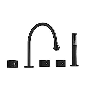 WuDLi Shower Set 5 Hole Bath Shower Mixer Tap Set 360° Swivel Spout Bath Shower Mixer Tap Modern Bath Taps Deck Mounted Dual Lever Bathroom Mixer Tap Bath, Black