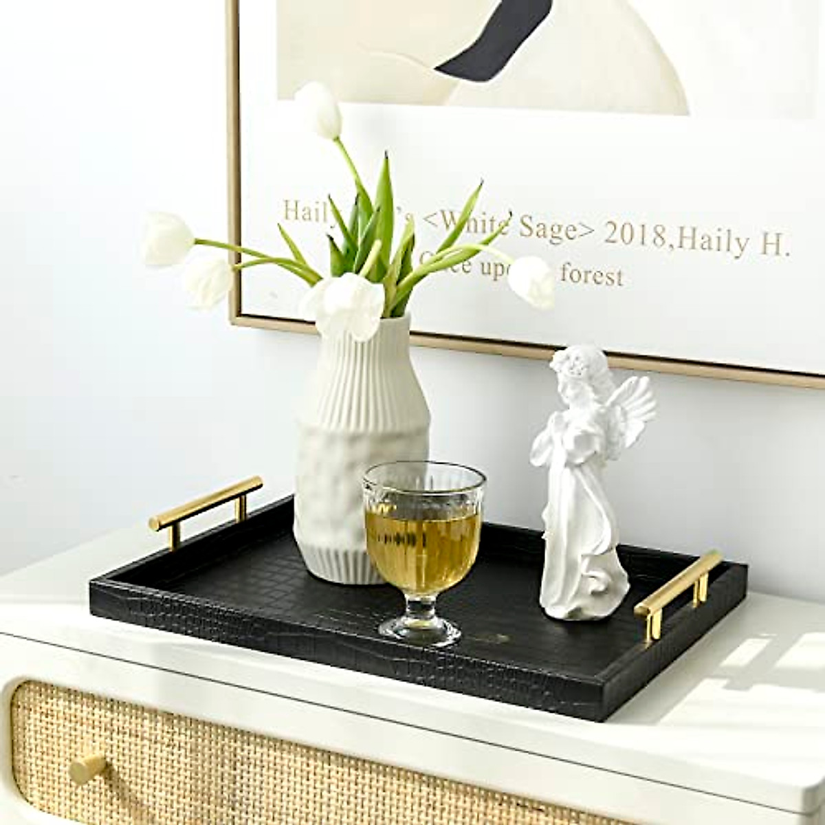 MACVAD Set of 2 Modern Elegant Large Wood Serving Tray, Black Crocodile Leather with Gold Polished Metal Handles, Rectangle Decorative Tray for Ottoman Coffee Table Living Room