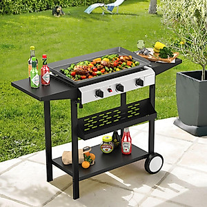 ADREAK 25.6 Inch 3 Burner BBQ Gas Grill Griddle, Stainless Steel Portable Detachable 30,000 BTU Table Top Propane Barbecue Grill for Camping or Tailgating (Upgraded Griddle)