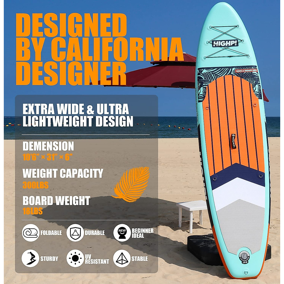 Highpi Inflatable Stand Up Paddle Boards, 10'6''x31''x6'' SUP with Accessories Backpack Anti-Slip Deck, Leash, Adjustable Paddle and Hand Pump, Waterproof Bag, Standing Boat for Youth & Adult