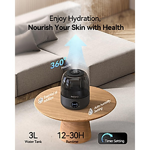 RoneAir Humidifiers for Bedroom Large Room Home, 3L Cool Mist Humidifiers for Baby Nursery & Plants, Ultrasonic, Smart Auto Humidification, Oil Diffuser, Timer, Auto Shut-Off, 360° Nozzle, 26dB Quiet