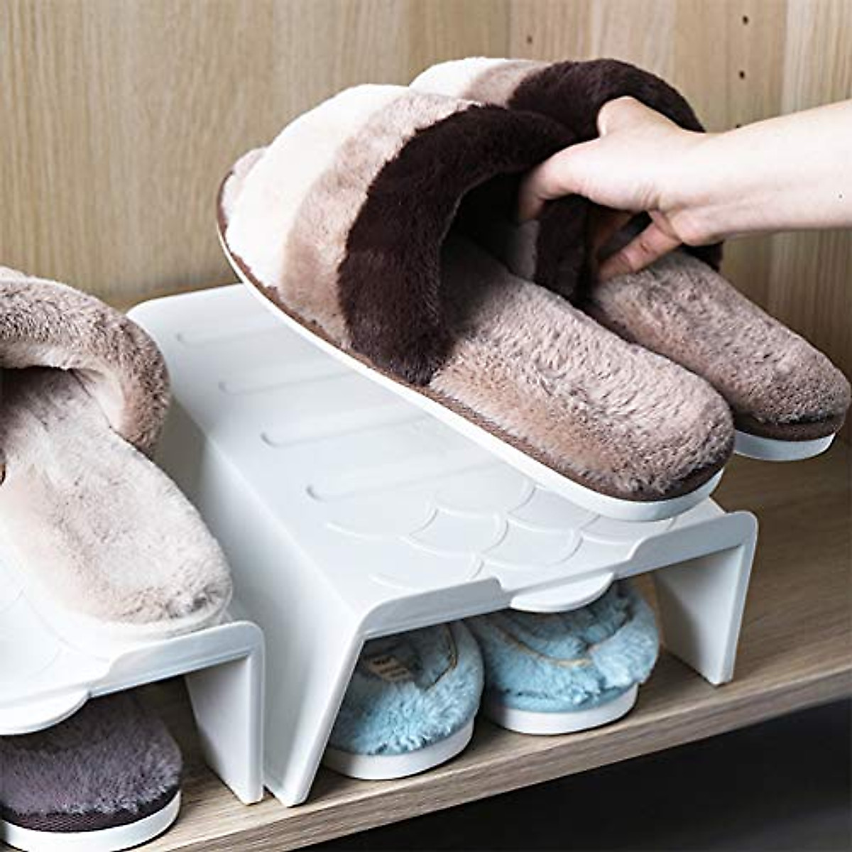 Happyyami Shoe Slots Organizer Space Saver Double Shoe Rack Storage Holder for Closet Shoe Stacker for Sneaker High Low Heels Boots Flats Sandals (White)