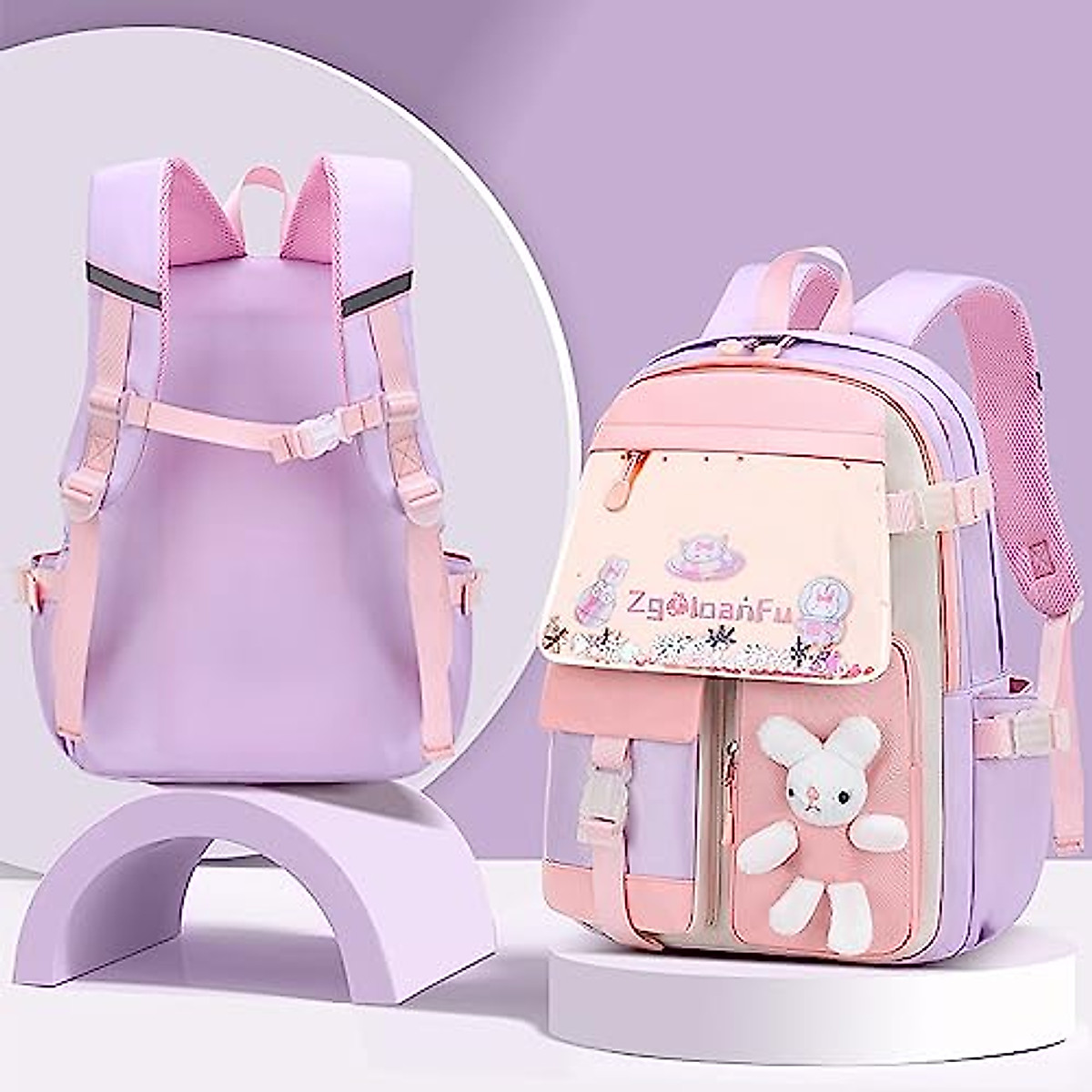 pisyae Backpack for Girls 16 Inch Girls bunny Backpack Kids Elementary School Bags Child Bookbags Light Purple Backpack Kindergarten Preschool Elementary