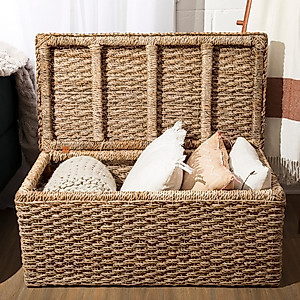 Wholestory Collective Handwoven Wicker 35" Banana Leaf Rattan Storage Trunk and Chest Seagrass XL Organizers with Lid, Natural Color with Handles