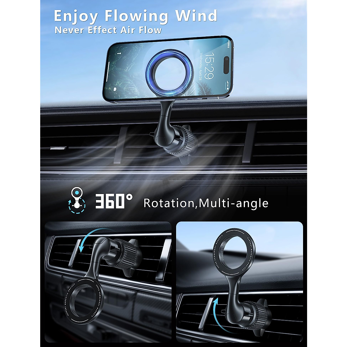 Holdersafe Fits Magsafe Car Mount for iPhone: [20 Powerful Magnets] Magnetic Air Vent Phone Holder [1080° Adjustable] Compatible iPhone 15 14 13 12 Pro Plus Max Mini & MagSafe Case & All Cell Phones