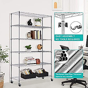 BLKMTY 6 Tier Wire Shelving Unit Adjustable Storage Shelves Metal Shelf with Wheels Wire Rack for Garage Basement Kitchen Racks 2100lbs Capacity Metal Pantry Shelves 48"x18"x82", Silver