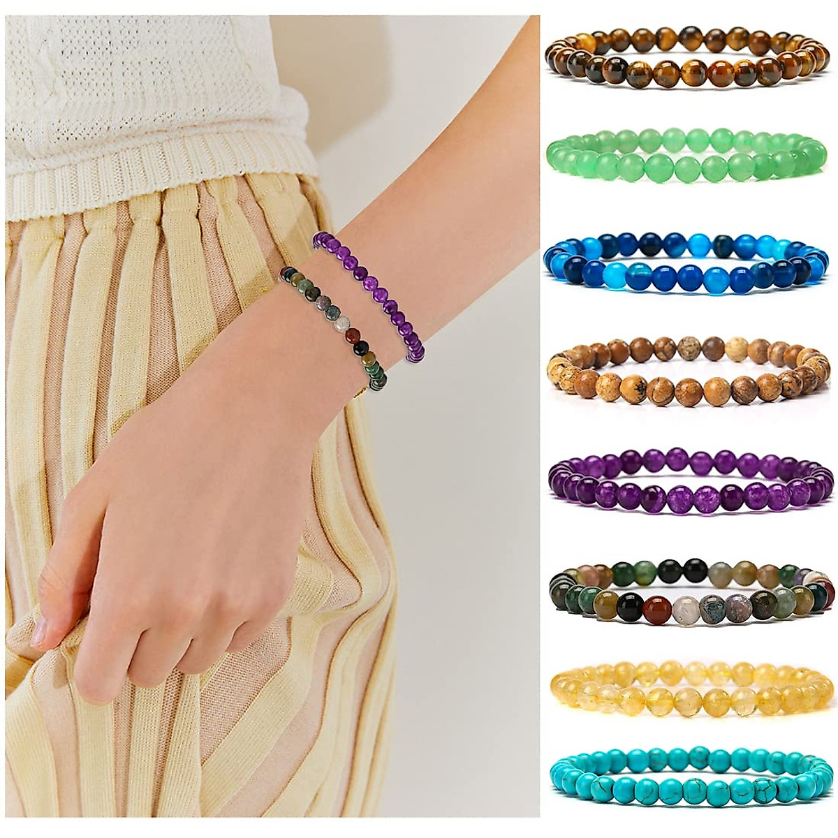 SAMOCO 12Pcs 4mm 6mm 8mm Gemstones Bracelets for Women Men Semi Precious Healing Crystal Stone Stretch Round Beaded Bracelet Handmade Energy Bracelets adjustable(6mm)