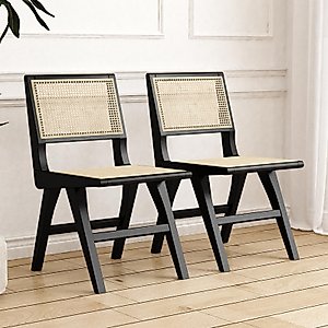 Accent Chair Dining Chairs Set of 2, Solid Wood Frame Boho Rattan Chair, Mid Century Modern Accent Chairs for Living Room Bedroom Dining Room Kitchen(Black)