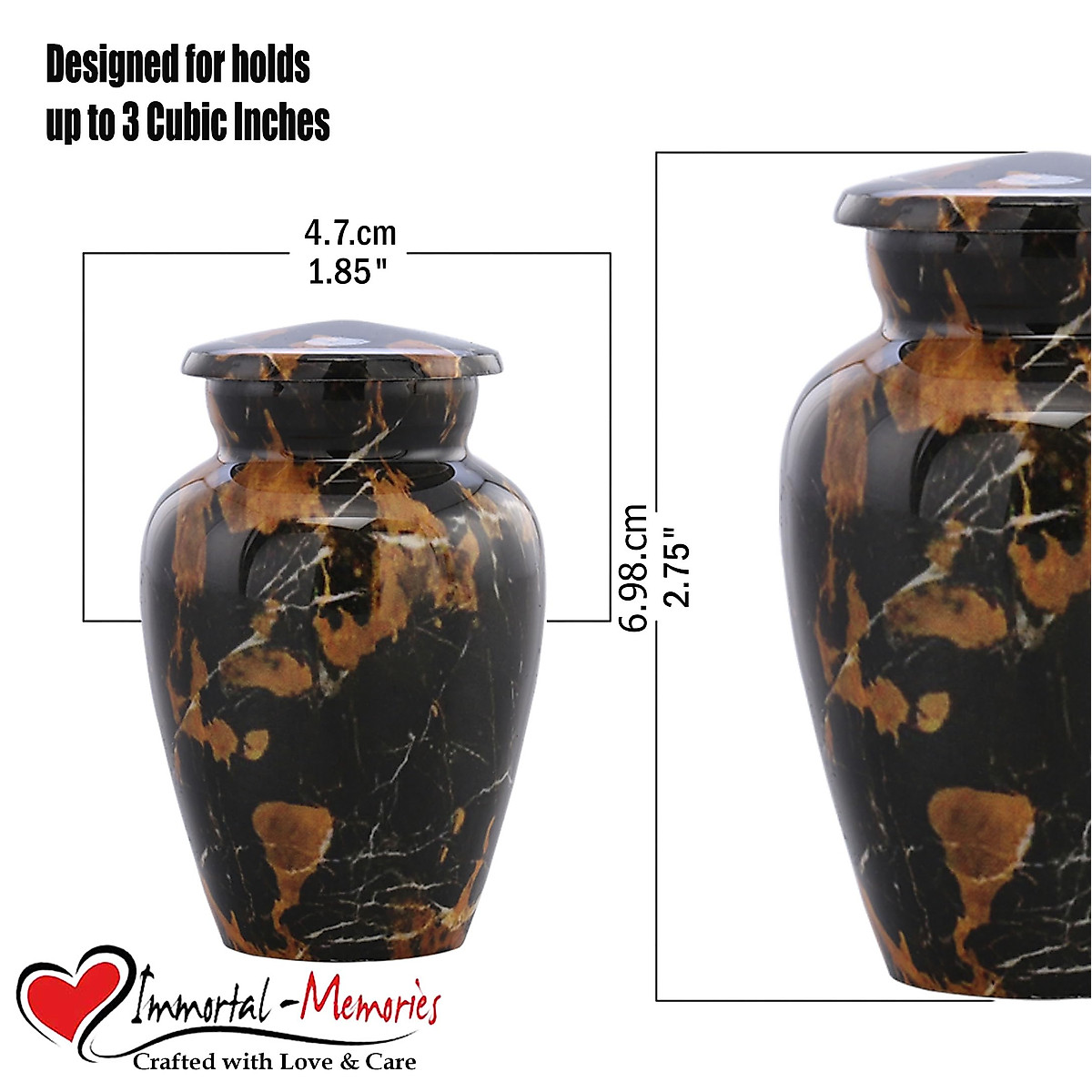 Marble Finish Metal Keepsake Urn - Mini Cremation Urn for Human or Pet Ashes - Token Urn - Sharing Memorial Urn with Velvet Bag (Dynasty Black)