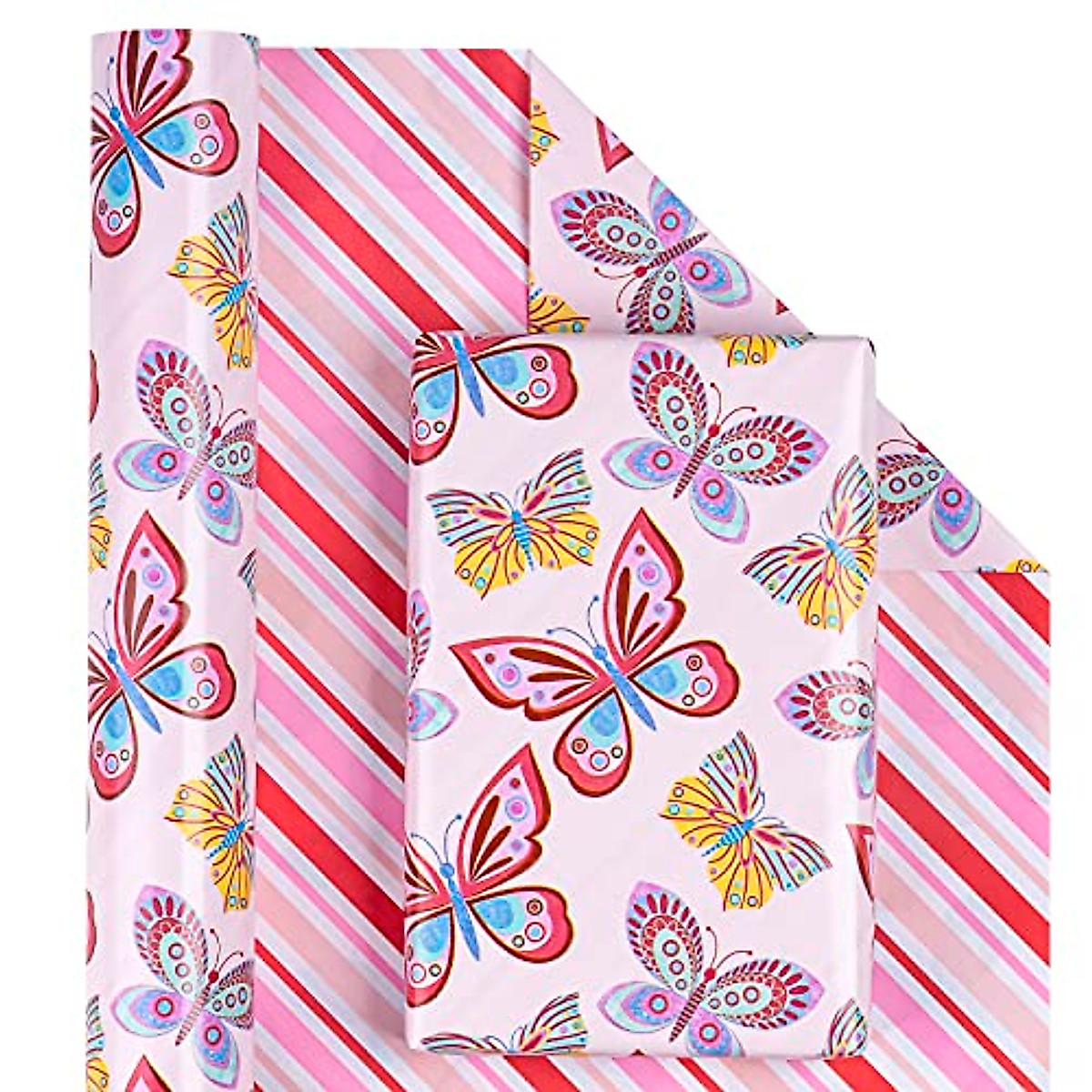 WRAPAHOLIC Reversible Wrapping Paper - Mini Roll - 17 Inch X 33 Feet - Butterfly Design, Perfect for Birthday, Party, Holiday, Wedding, Baby Shower