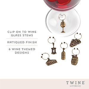 Twine Antiqued Farmhouse Decor Wine Charms, Drink Markers and Glass Markers for Wine Party and Birthday Party Favors, Wine Accessories, 6 Count