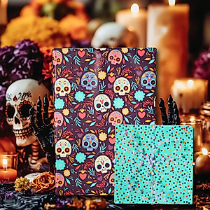 LaRibbons Day of The Dead Reversible Wrapping Paper Roll with Purple Pom Pom, 17 Inch X 33 Feet (47sq.ft.ttl.) Skull Gift Wrap Paper for Dia De Los Muertos, Halloween Decoration, Mexican Fiesta Party