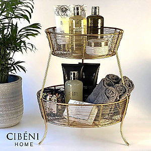 CIBENI Gold Fruit Basket Stand - 13" x 15"H Handcrafted 2 Tier Fruit Basket for Kitchen Counter Fruit Holder for Kitchen Countertop - Gold