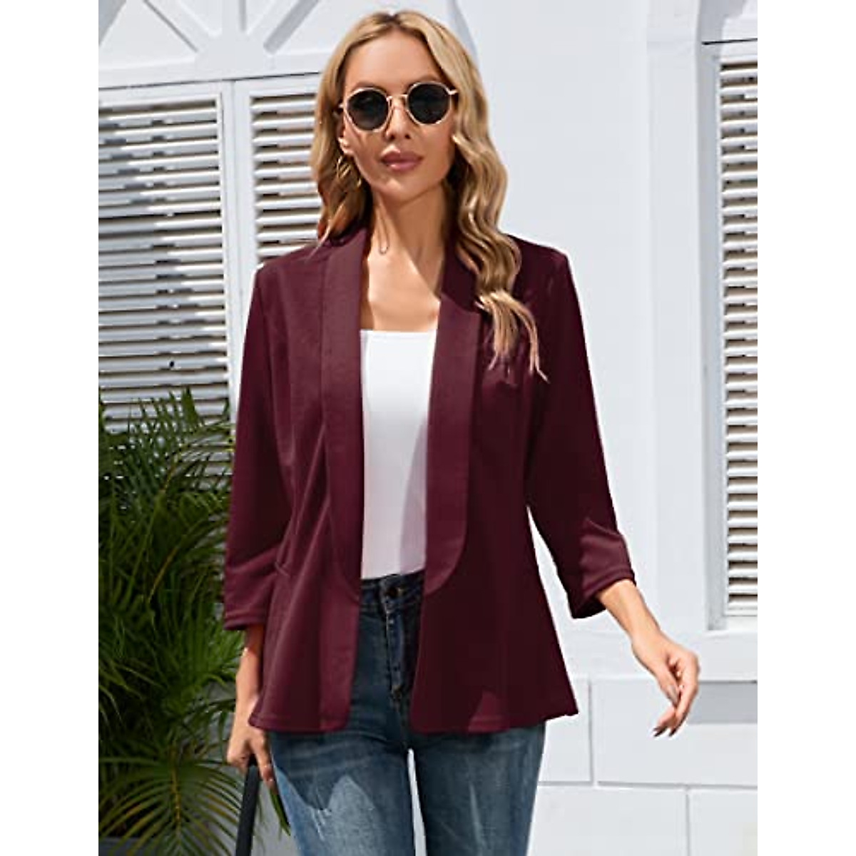 KOJOOIN 3/4 Sleeve Blazers for Women Business Casual Blazers for Work Lightweight Blazers Suit Jackets Grape Purple XL