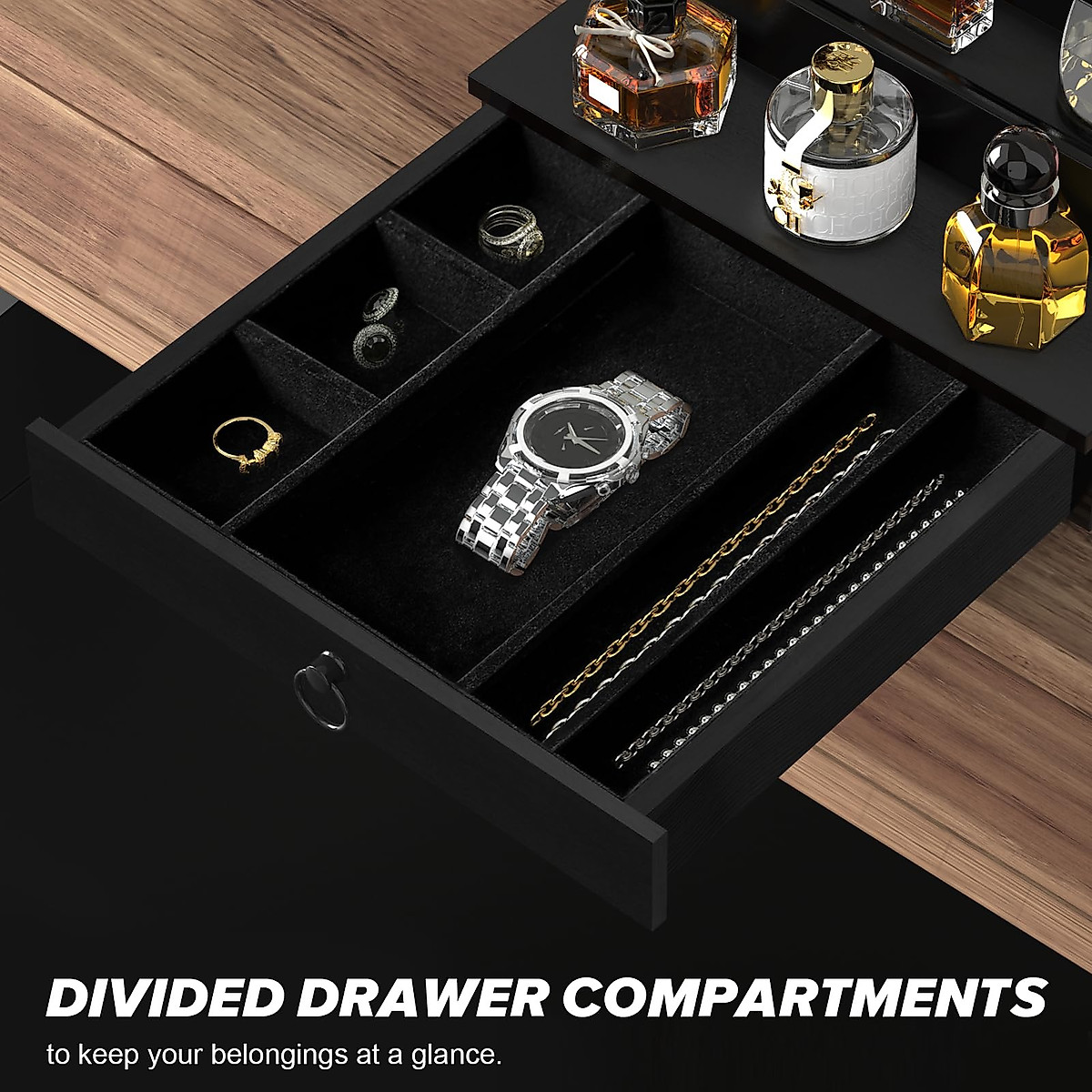 upcessory Cologne Organizer for Men, 4 Tier Black Wood Perfume Organizer with Felt Lining Drawer and Hidden Compartment, Perfume Display Holder, A Gift for Men