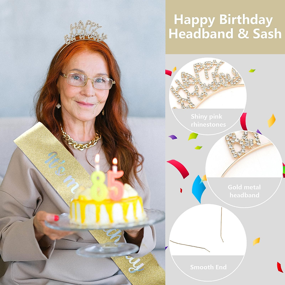 Ondder Gold Birthday Sash and Tiara for Women Birthday Party Decorations for Women Girls