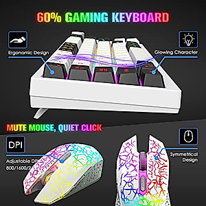 FELICON Small Wireles Gaming Keyboard and Mouse Combo, Rechargeable RGB Backlit 64 Keys Mini Double Color Keyboard and Crack Light Up Mouse, Mouse Pad for PC, MAC, Gamer