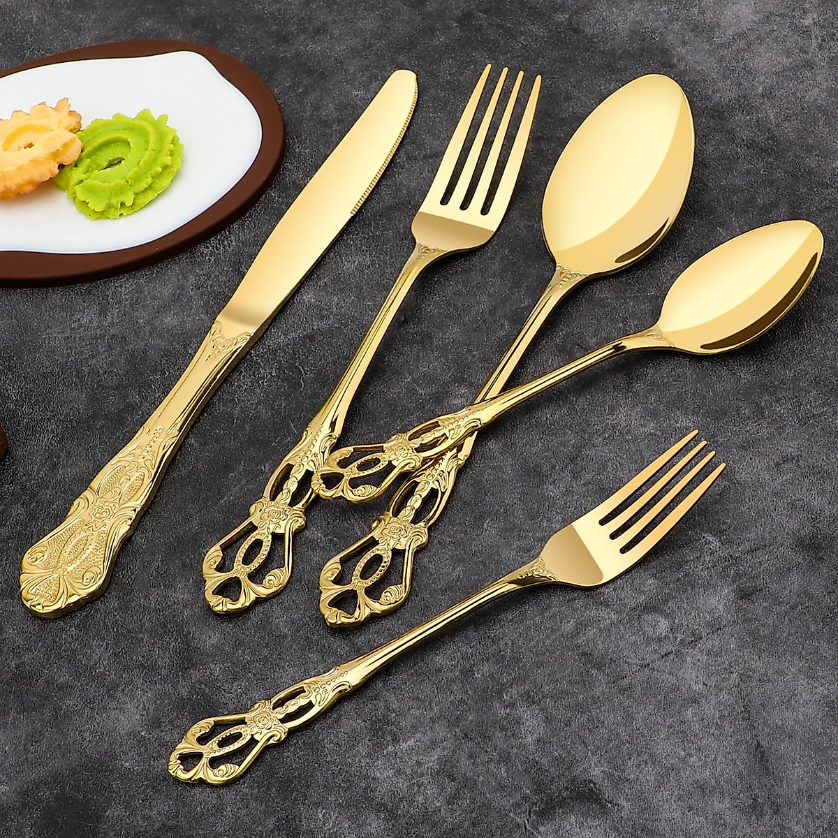 20 Piece Silverware Set Service for 4,Premium Stainless Steel Flatware Set,Mirror Polished Cutlery Utensil Set,Durable Home Kitchen Eating Tableware Set (Golden)