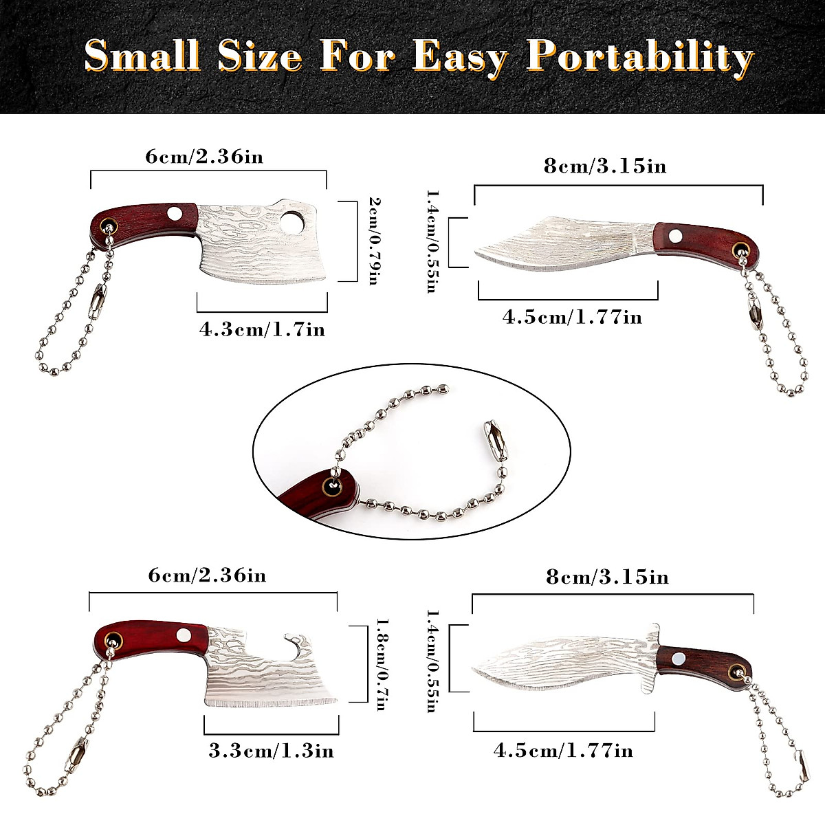 MOVNO Mini Pocket Knife Set Damascus Mini Utility Knife, Tiny Chef Knife with Sheath Cleaver for Package Opener Box Cutter, Camping Outdoor-4pcs-B