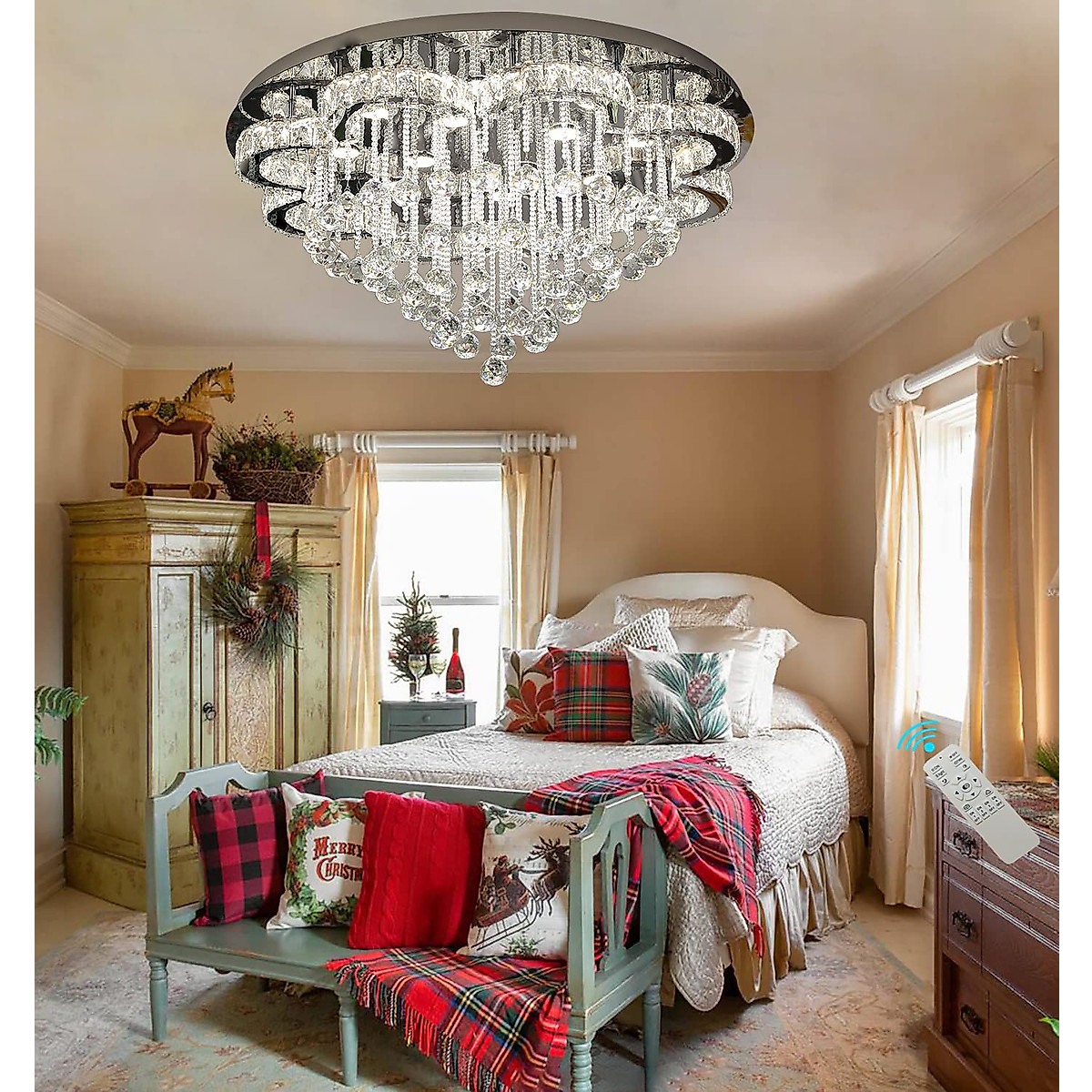 W32inches Modern Raindrop Crystal Chandeliers Flush Mount Ceiling Chandeliers for High Ceiling Entrance Foyer Bedroom Dining Room Living Room LED Dimming 2700k 4500k 6000k Contemporary Chandelier