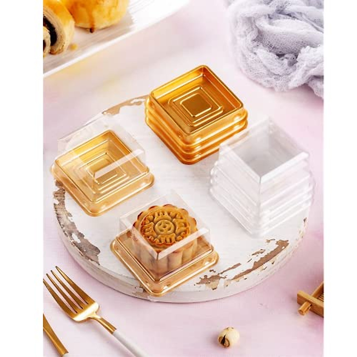 50 Pack Gold bottom Clear cover plastic mini cake box - muffin box - moon cake box - mung bean cake snow Mei Niang box（bottom 2 Inch X high 1-1/2 Inch）