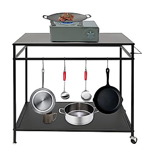Mobile Double-Shelf Outdoor Grill Cart, Portable Dining Cart Table with Hooks and Handles, Steel Pipe Dining Table for Pizza Oven, Portable Grill Table with Storage Space, Black
