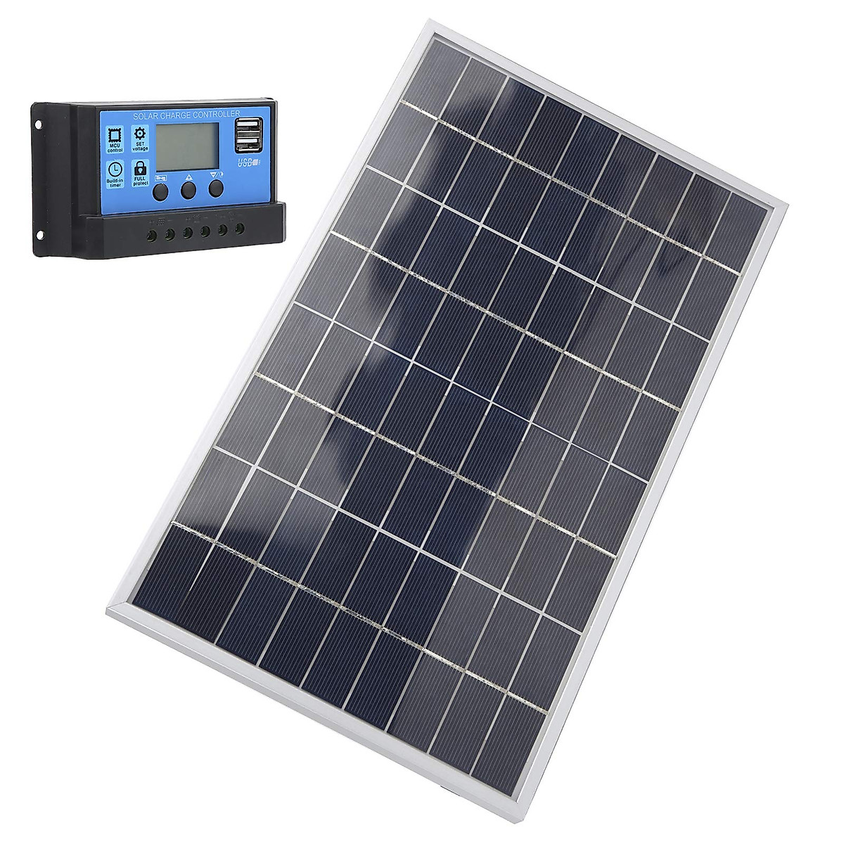 Solar Panel, 15W 18V Polycrystalline Solar Panel 12V/24V PWM Solar Controller 2pcs LED Bulb for Car RVs Ship Battery Charger(10A)