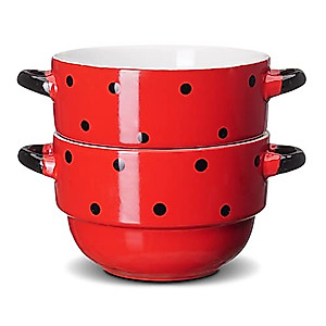ECODECO Soup Bowls with Handles - Ceramic - Polka Dot Red - 16 Ounce - Set of 4 - French Onion Soup Crocks for Oven Baking