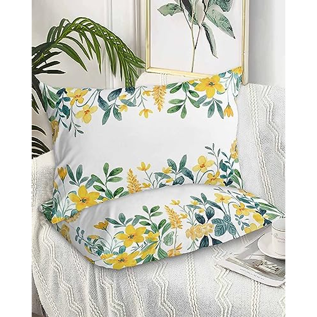 Edwiinsa Summer Tropical Plants Pillow Covers Standard Size Set of 2 20x26 Bed Pillow, Yellow Spring Floral Plush Soft Comfort for Hair/Skin Cooling Pillowcases with Envelop Closure